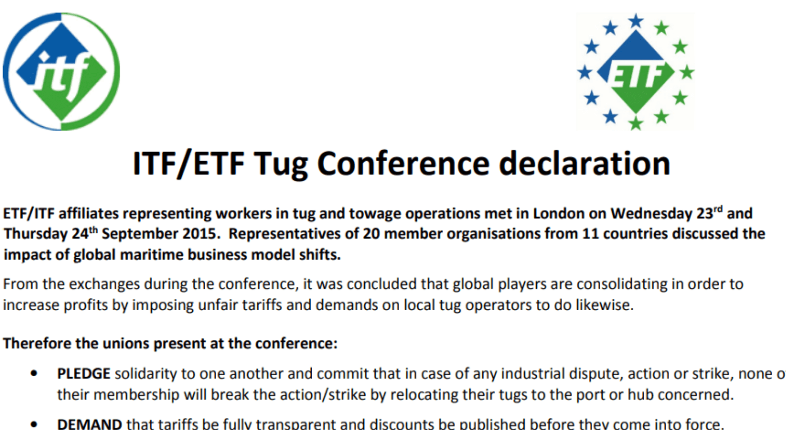 ETF: European Transport Workers' Federation | ITF-ETF Tug Conference declaration/London, 24 ...